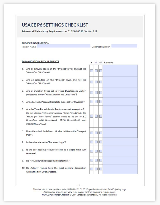 USACE P6 Schedule Template Files | CPM-SS
